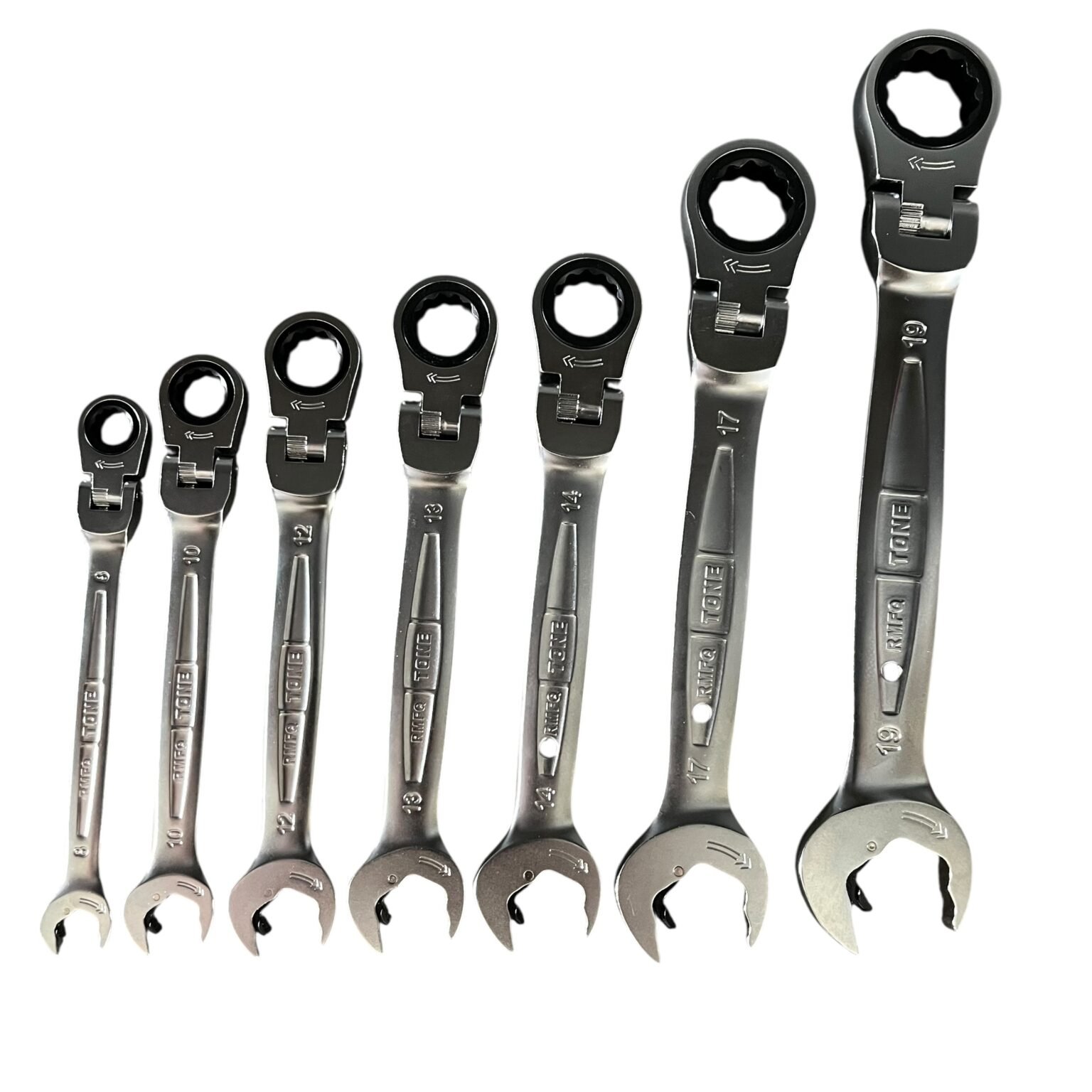 Tone RMFQ700 Flex-head ratchet wrench set with quick-ratchet open end ...